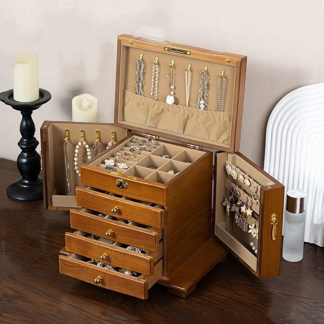 Personalized Wooden Jewelry Box With Lock: Large Multi-layered Storage ...