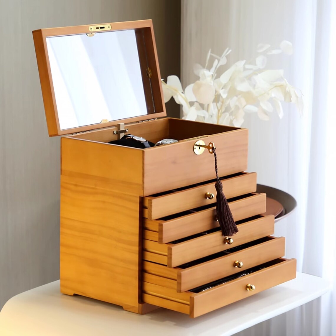 High-capacity 6 Layer Wooden Jewelry Box With Lock, Large Jewelry ...