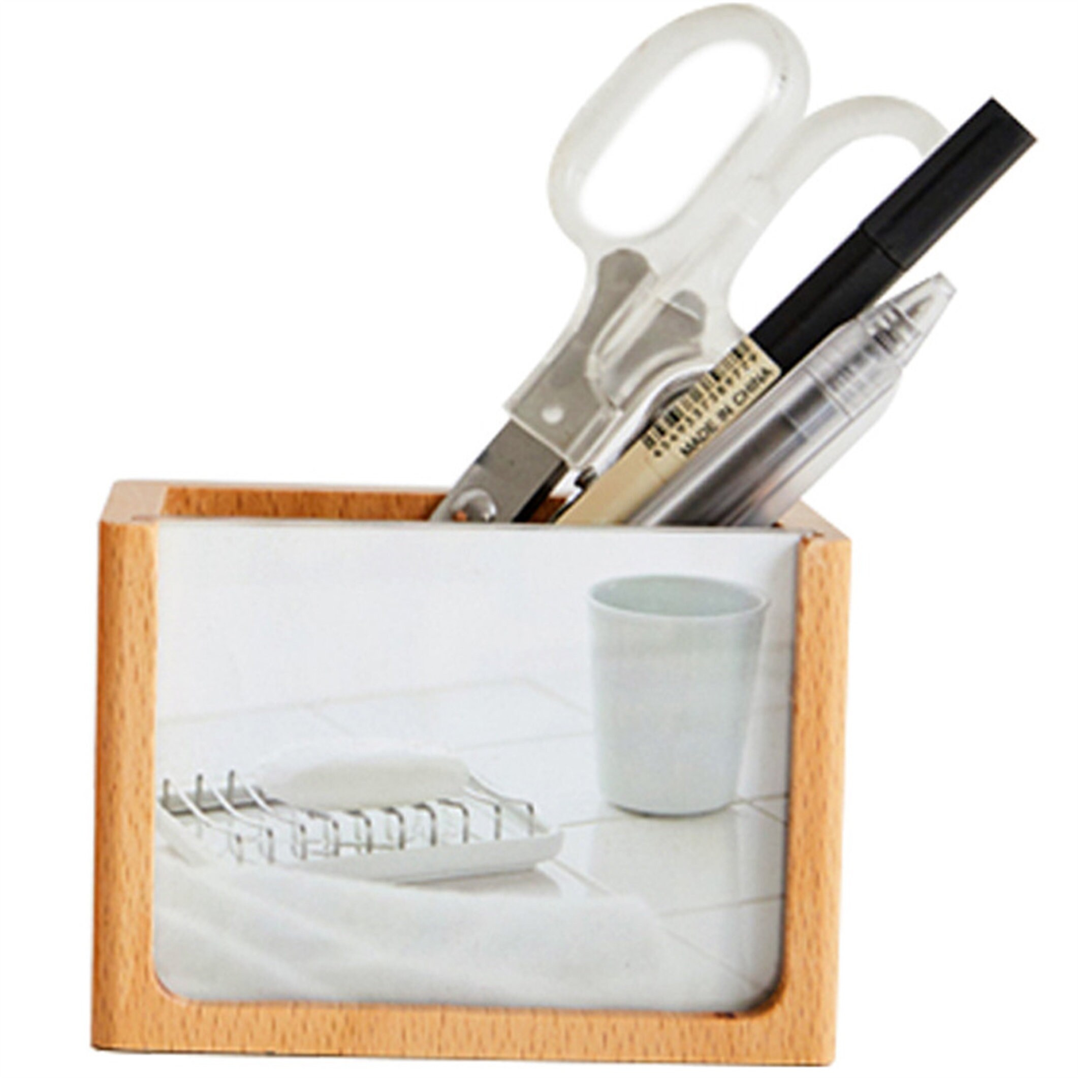 Small Wooden Pen Holder With Photo Frame,office Desk Organizer,pen ...