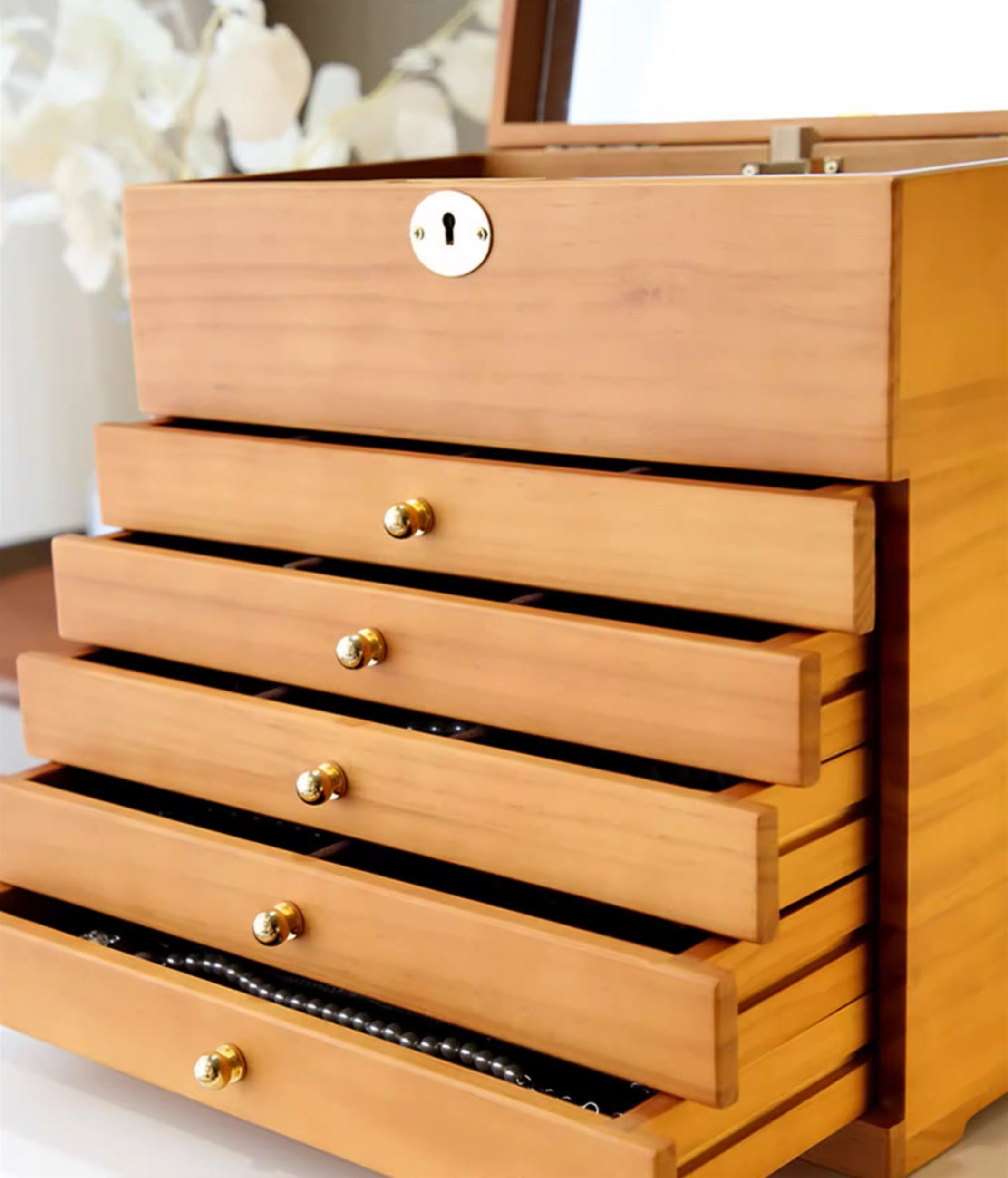 High-capacity 6 Layer Wooden Jewelry Box With Lock, Large Jewelry ...