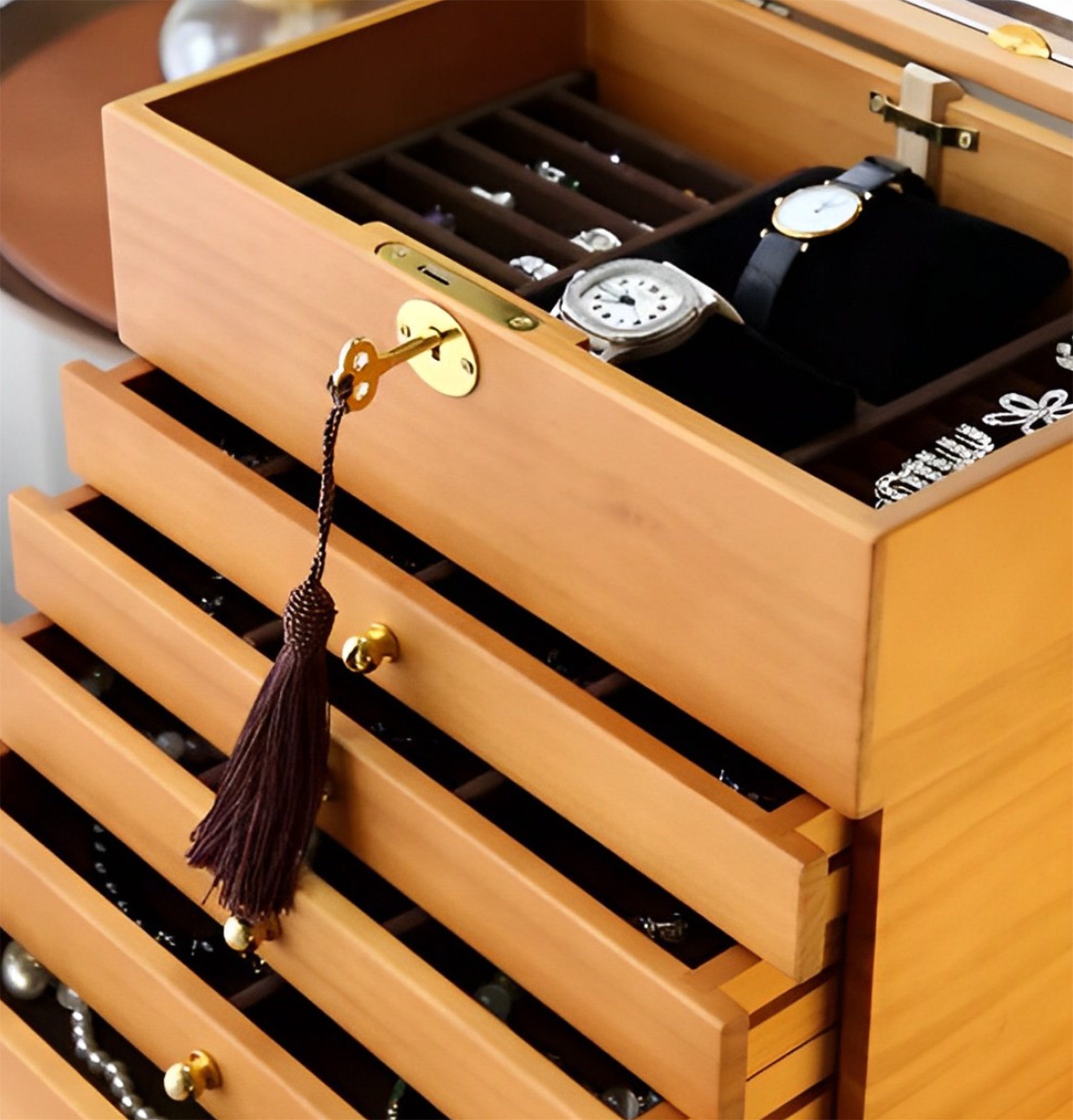 High-capacity 6 Layer Wooden Jewelry Box With Lock, Large Jewelry ...