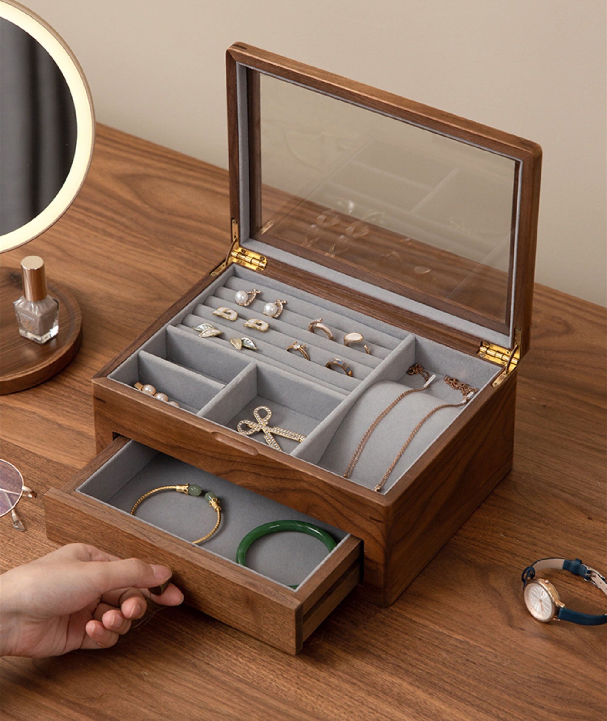 Engrave 2 Layer Walnut Jewelry Box for Womensolid Wood Jewellry Box ...