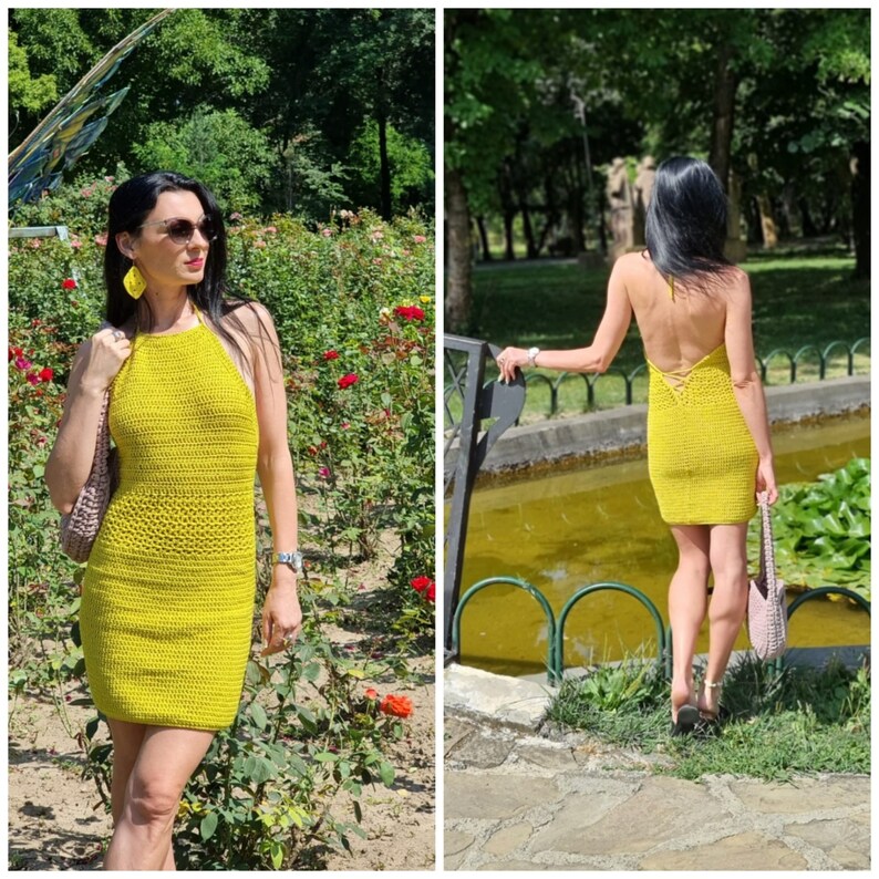 Crochet Summer Dress With Halter Straps Sxxl Size Pattern In Pdf Halter Neck Mini Crochet