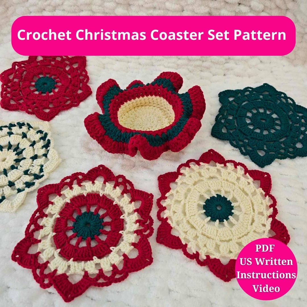 Easy Christmas Crochet Coaster Set With Holder Pattern in PDF With ...