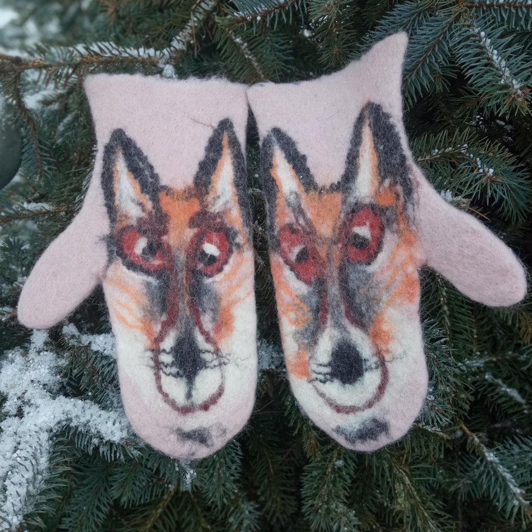 Womens Felted Pink Mittens With a Fox.mittens as a Gift.warm Felted ...