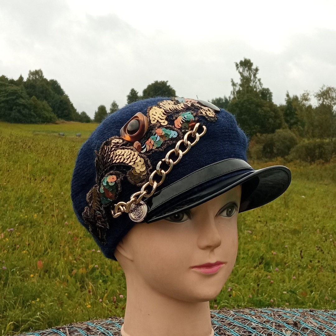 Womens Blue Cap With a Visor and Dekor.fashion Wool Hat.womens Beret ...