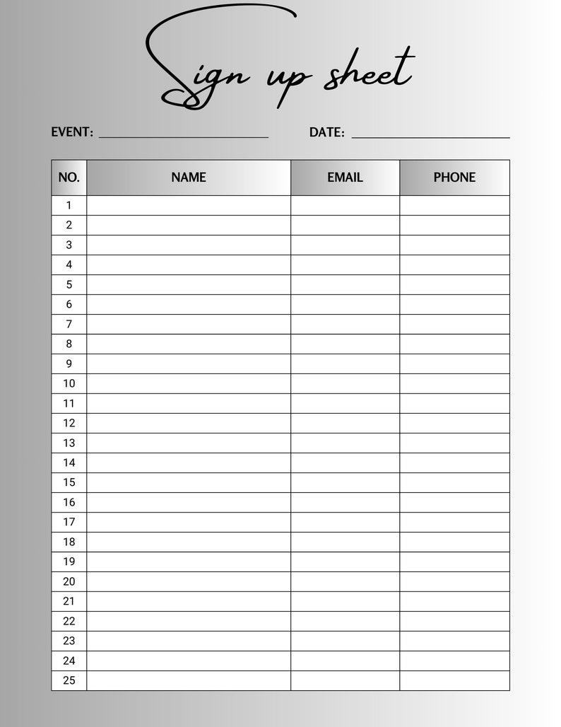 White Minimalist Sign up Sheet Planner Gradient Grey - Etsy