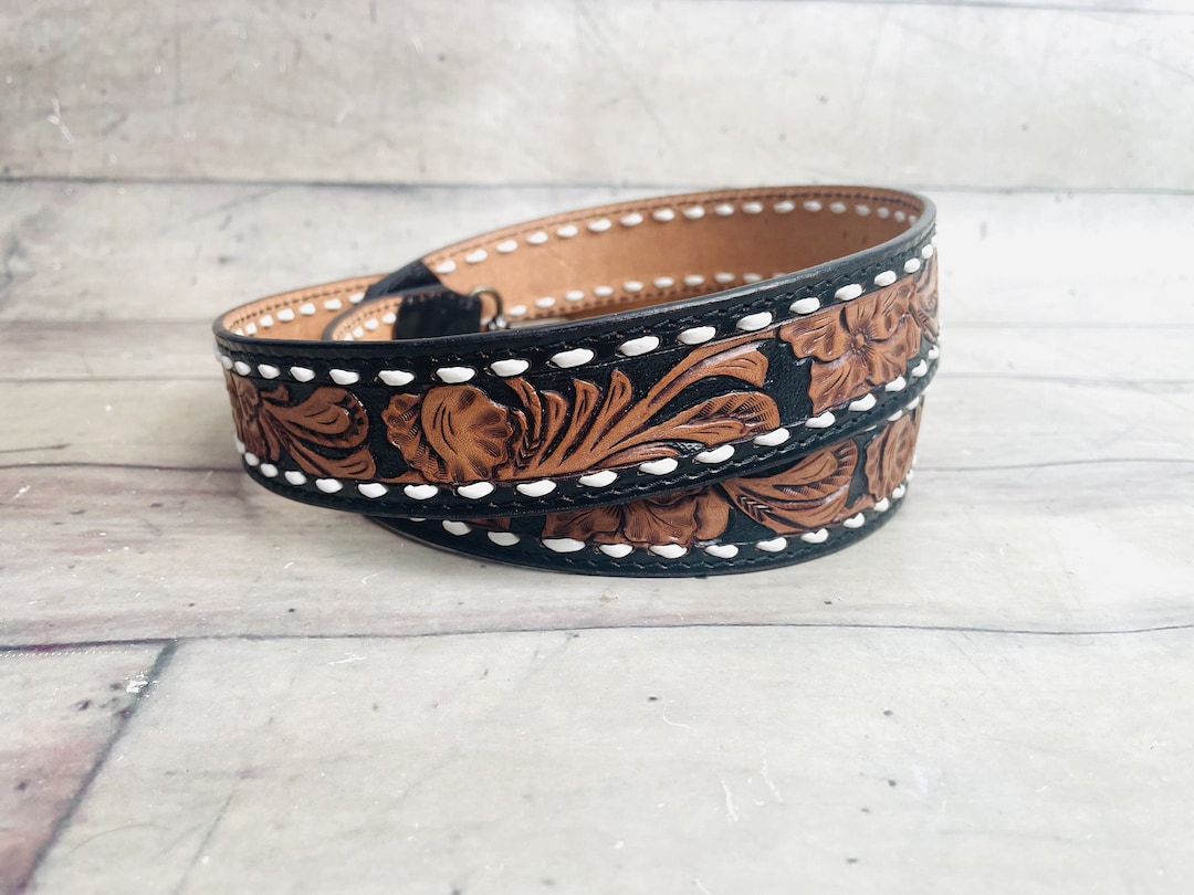 Floral Scroll Black Border Leather Handbag Strap With White Buckstitch ...