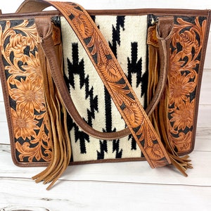 Black and Cream Aztec Pattern Wool Large Tote With Dark Leather Floral ...