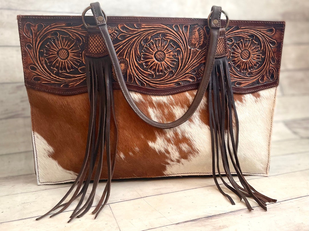 Meadow Large Floral Tooled & Cowhide Tote - Etsy