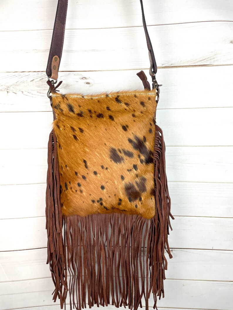 Tan & Brown Spotted Crossbody Hide Bag With Fringe - Etsy