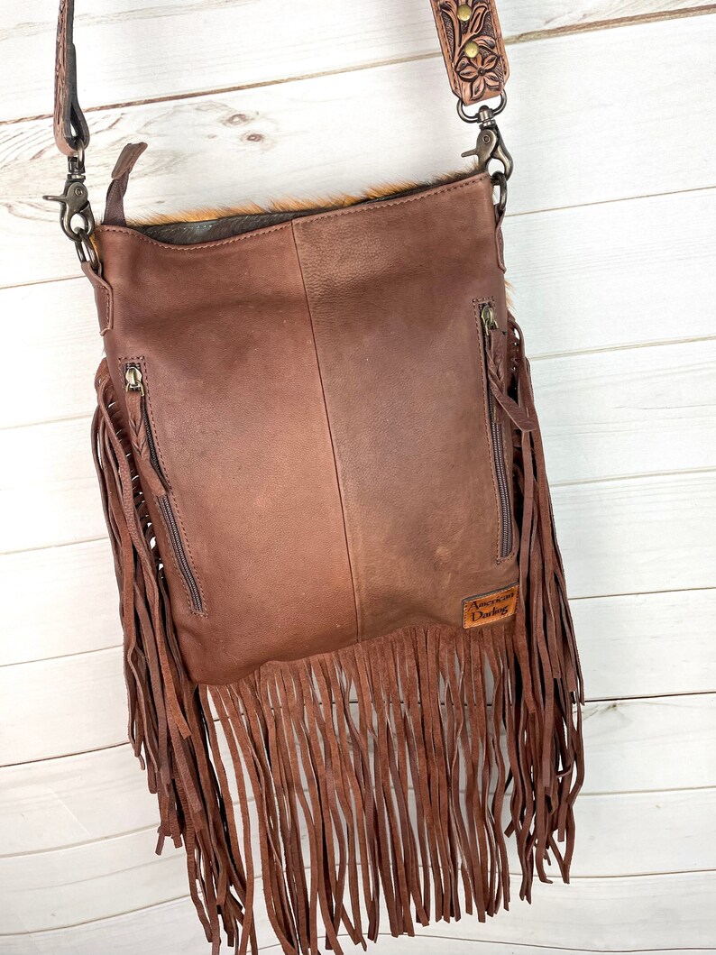 Tan & Brown Spotted Crossbody Hide Bag With Fringe - Etsy