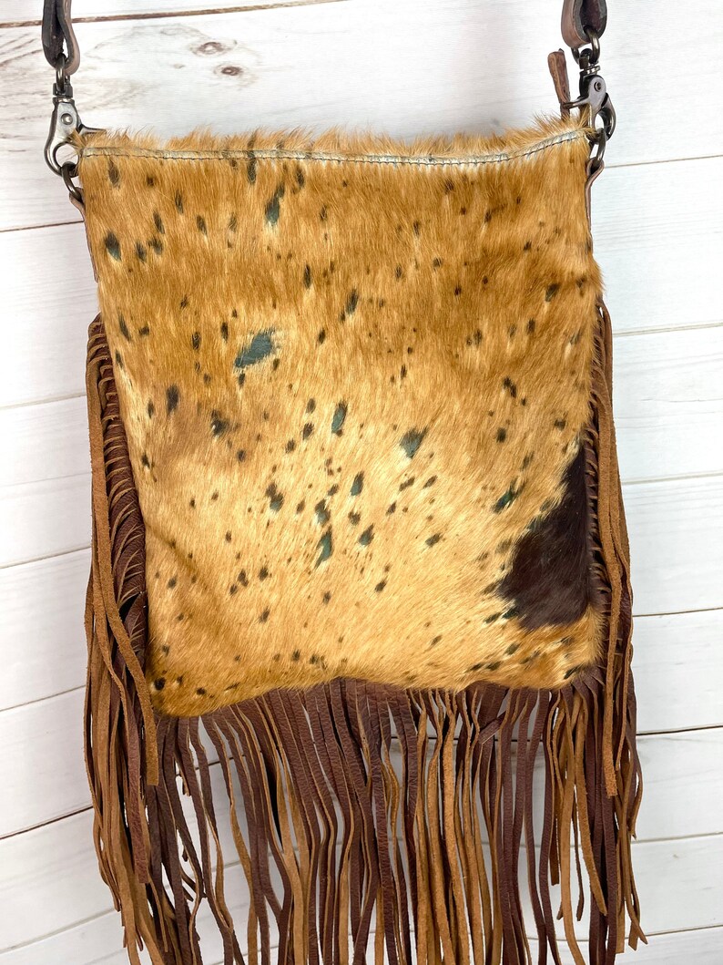 Tan & Brown Spotted Crossbody Hide Bag With Fringe - Etsy