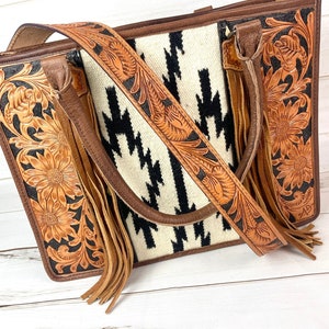 Black and Cream Aztec Pattern Wool Large Tote With Dark Leather Floral ...