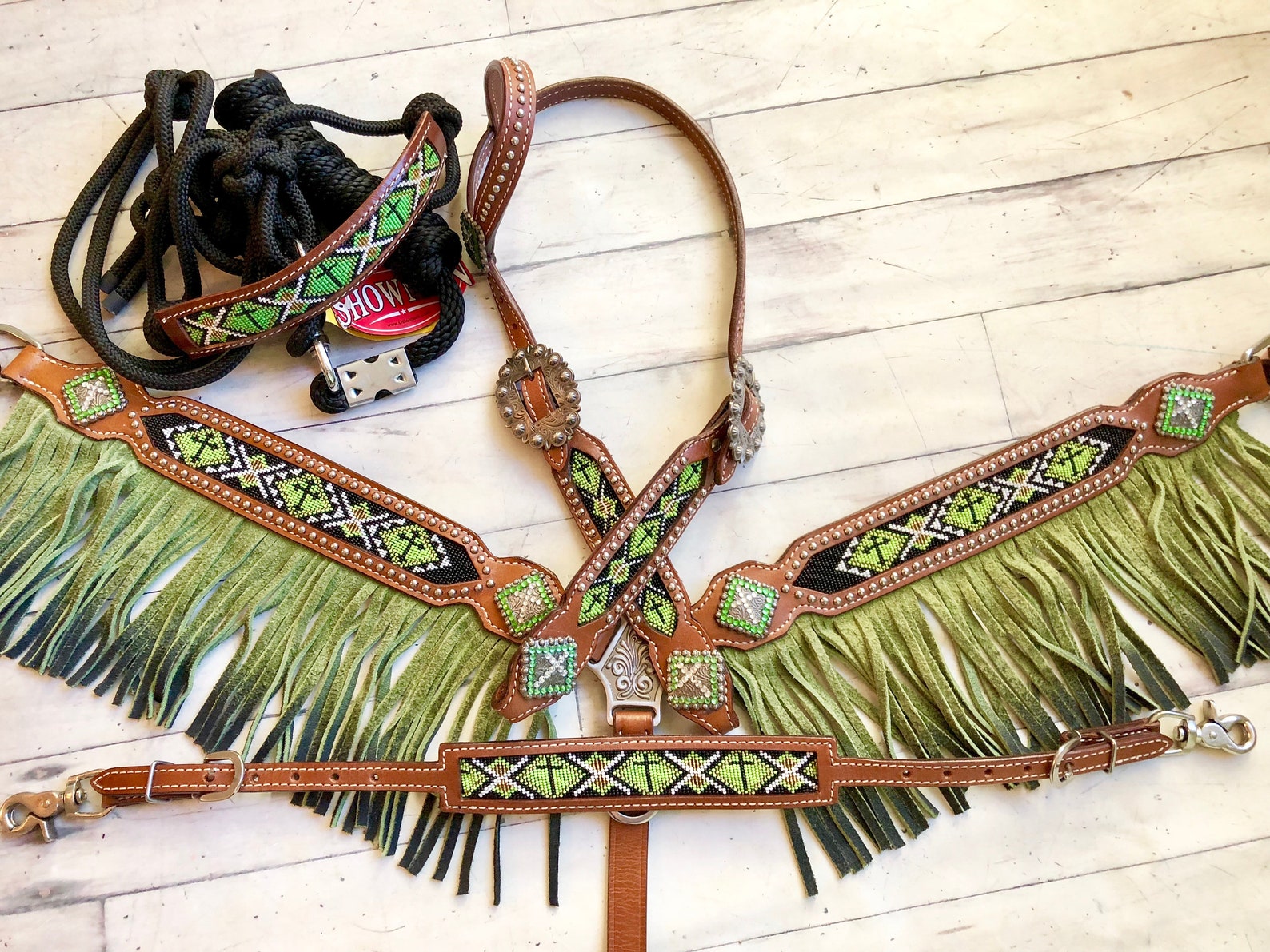 Green Ombre Fringe Beaded Tack Set - Etsy