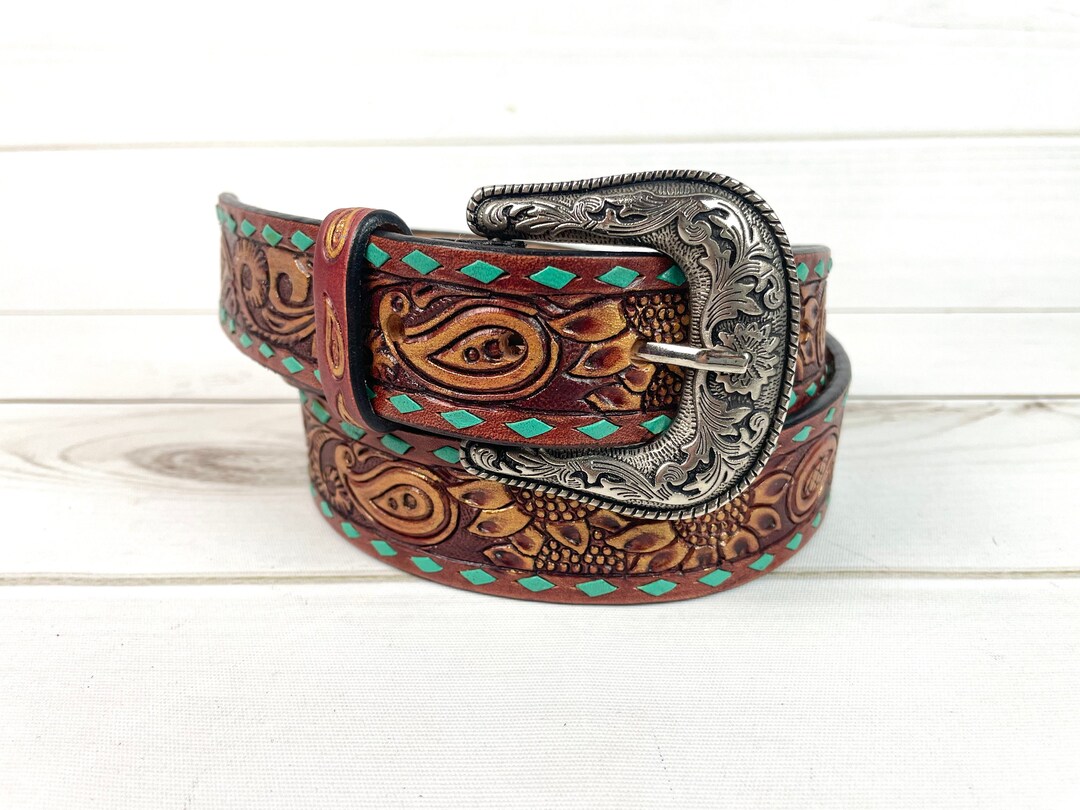 Tooled Paisley Gold Brushed Leather Woman’s Belt - Etsy