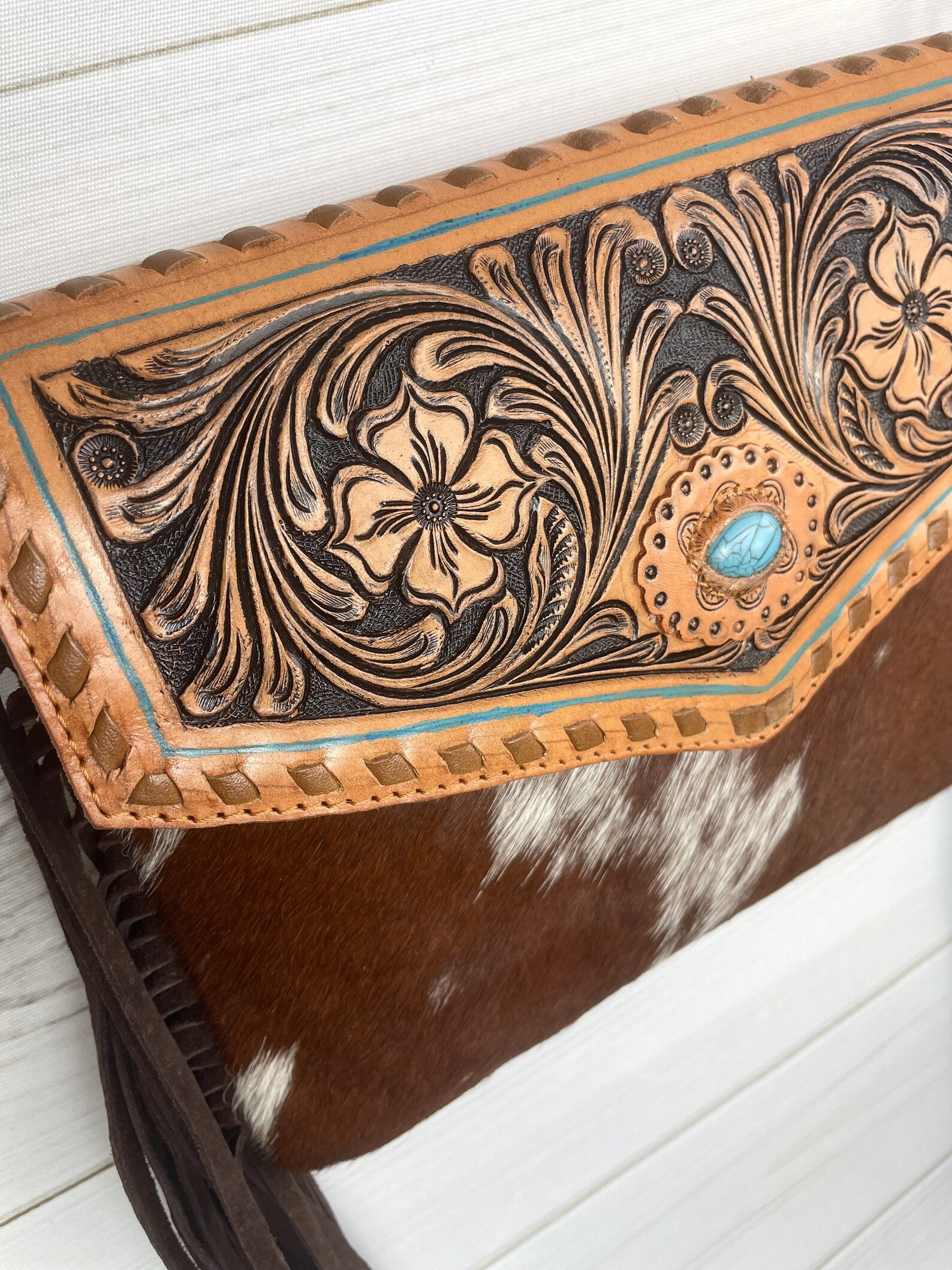 Leather Scroll Tooled & Hide Envelope Bag With Teal Stone | Etsy