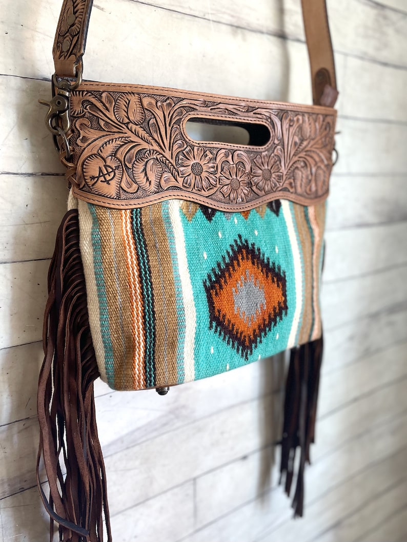 Turquoise Orange Neutral Diamond Pattern Wool Leather Fringe Bag - Etsy