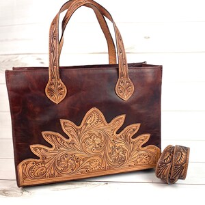 Distressed Leather Floral Bloom Tooled Large Tote Purse - Etsy