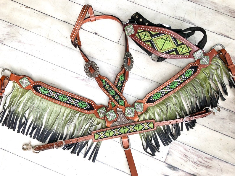 Green Ombre Fringe Beaded Tack Set - Etsy