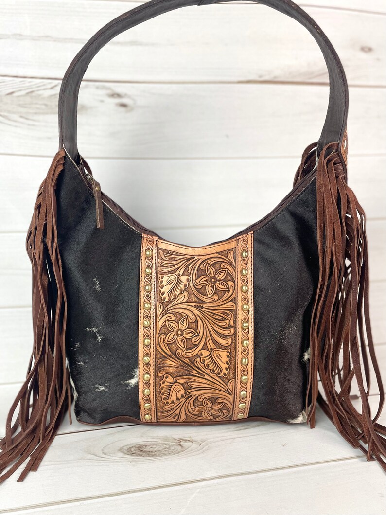 Hide & Floral Leather Tooled Hobo Fringe Handbag - Etsy