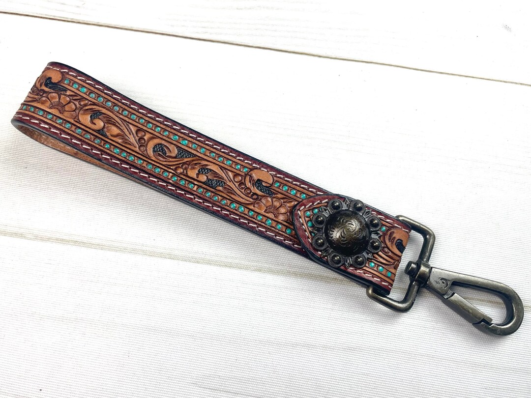 Teal Dotted Border Tooled Wristlet Leather Keychain - Etsy
