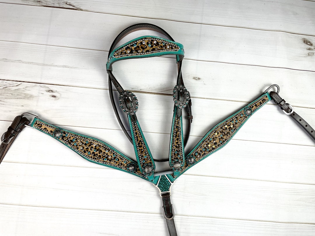 Teal Rhinestone Leopard Tack Set Dark Leather - Etsy