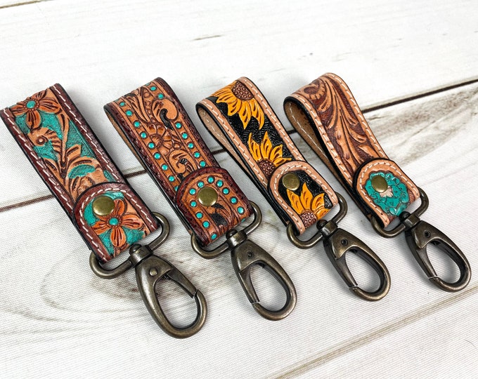 Tooled Leather Tab Key Fob - Etsy