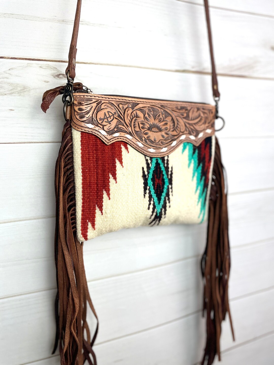 Mirage Red and Turquoise Wool Pattern With Leather Tooled Fringe Medium ...