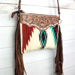 Mirage Red and Turquoise Wool Pattern With Leather Tooled Fringe Medium ...