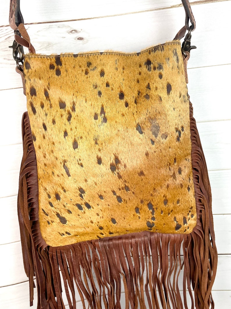 Tan & Brown Spotted Crossbody Hide Bag With Fringe - Etsy