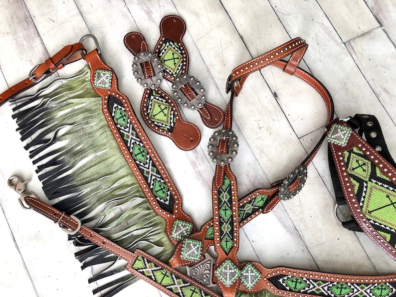 Green Ombre Fringe Beaded Tack Set - Etsy