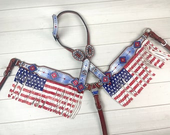 Patriotic Beaded Tail Loop With Feathers Red White and Blue USA Horse ...