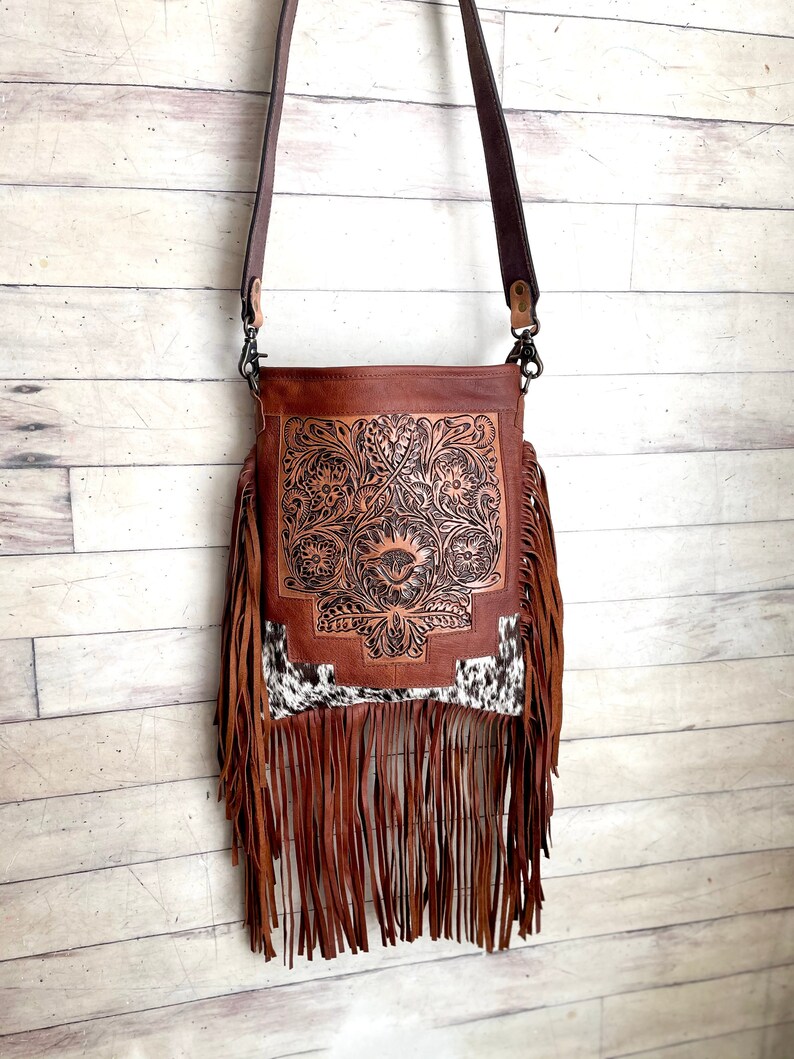 Country Hide & Floral Tooled Fringe Chocolate Leather Bag - Etsy