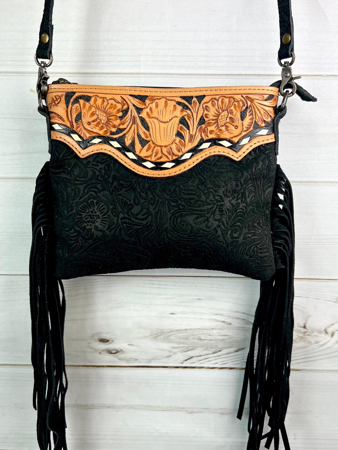 Black Canyon Suede Brocade Leather Tooled Buckstitch Fringe Purse - Etsy