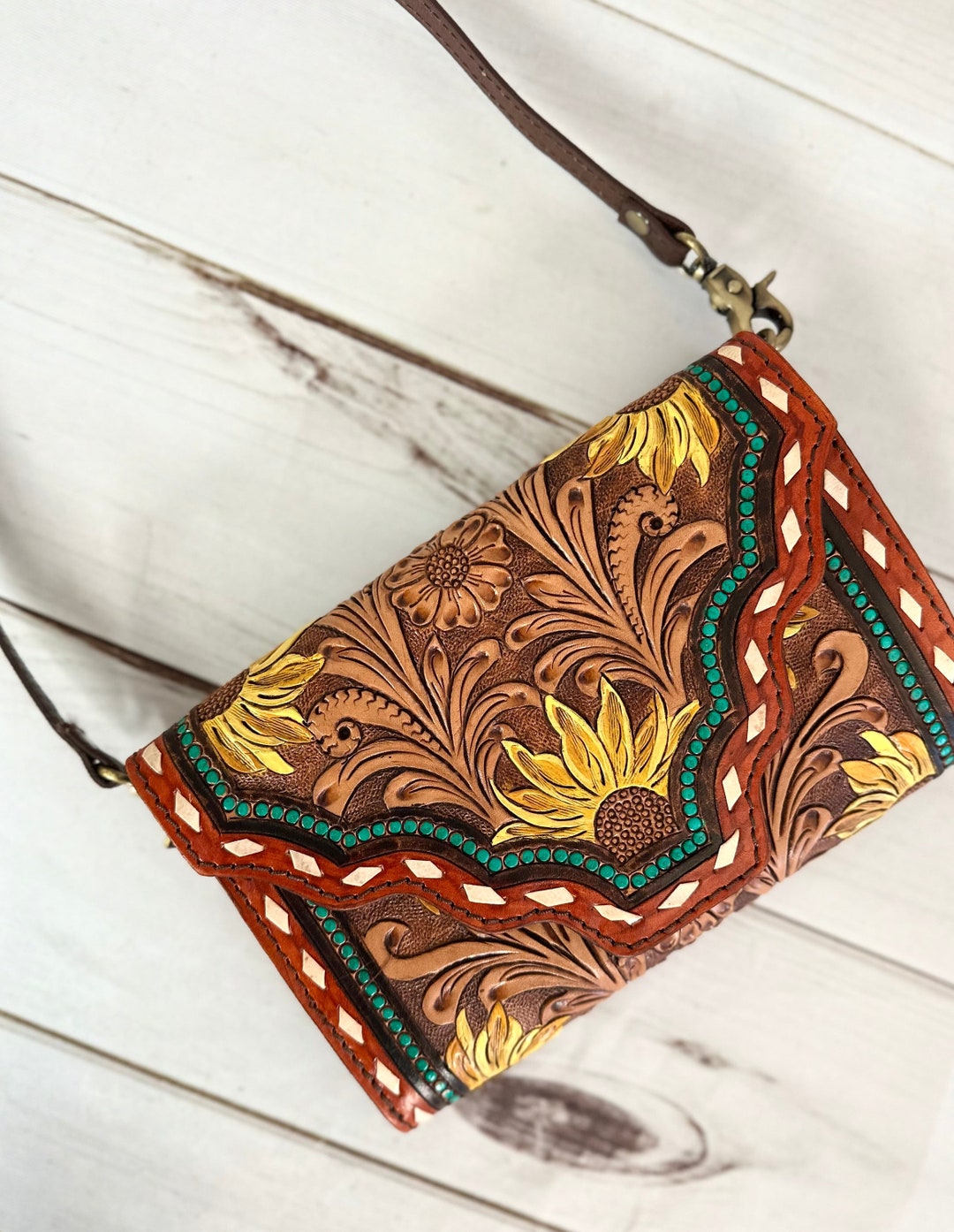 Rust and Turquoise Dotted Border Sunflower Tooled Wallet Carryall - Etsy