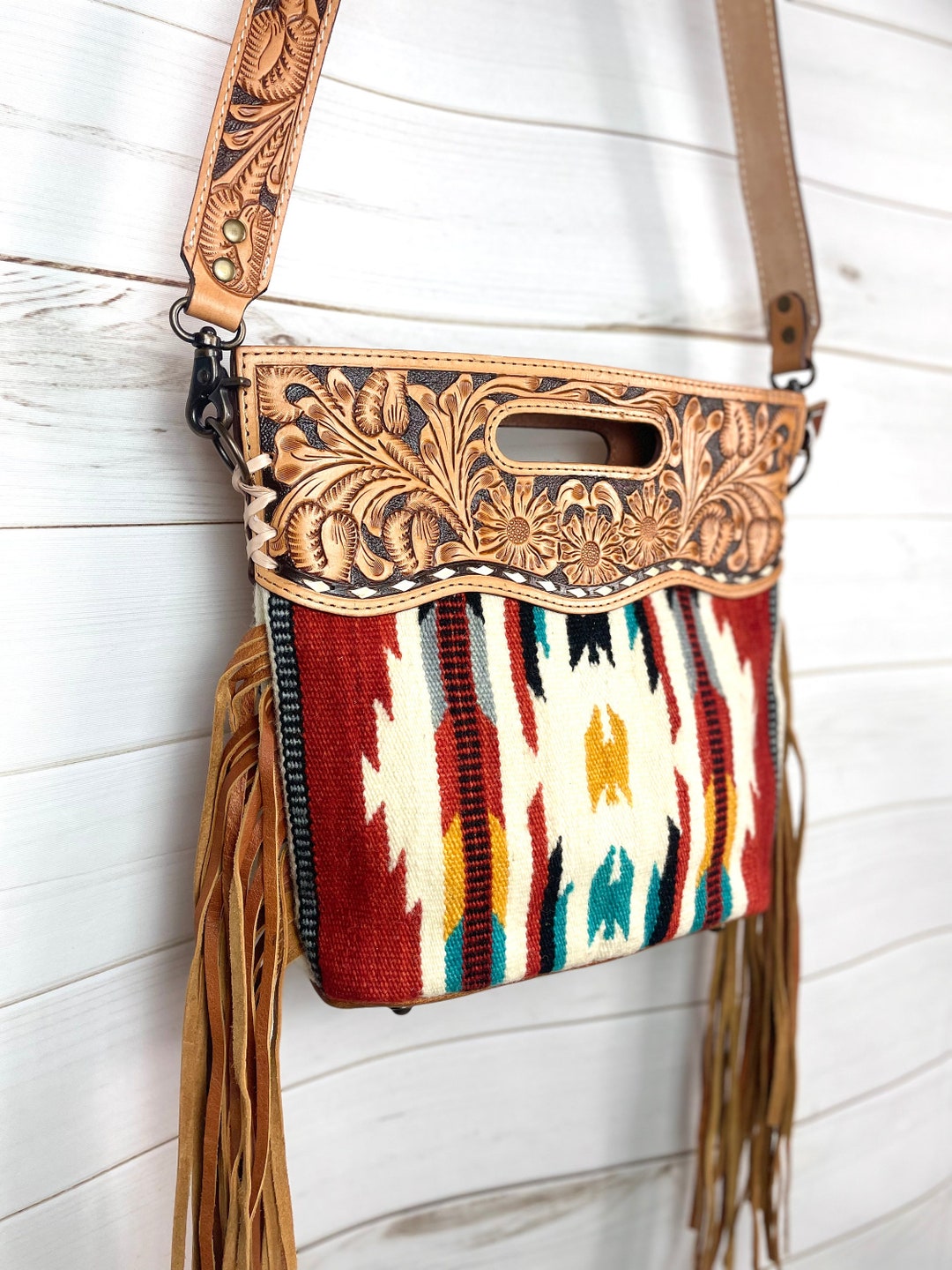 Serape Red, Yellow, Teal Wool Leather Handle Fringe Bag - Etsy