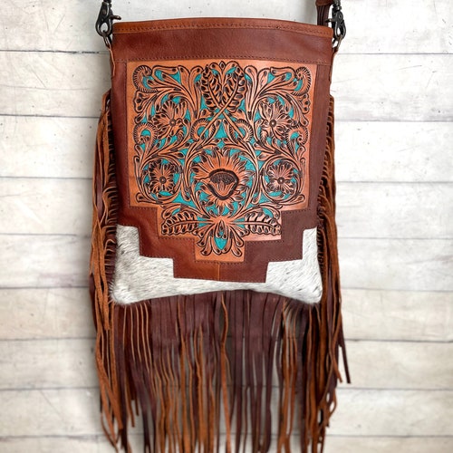 Country Hide & Floral Tooled Fringe Chocolate Leather Bag - Etsy