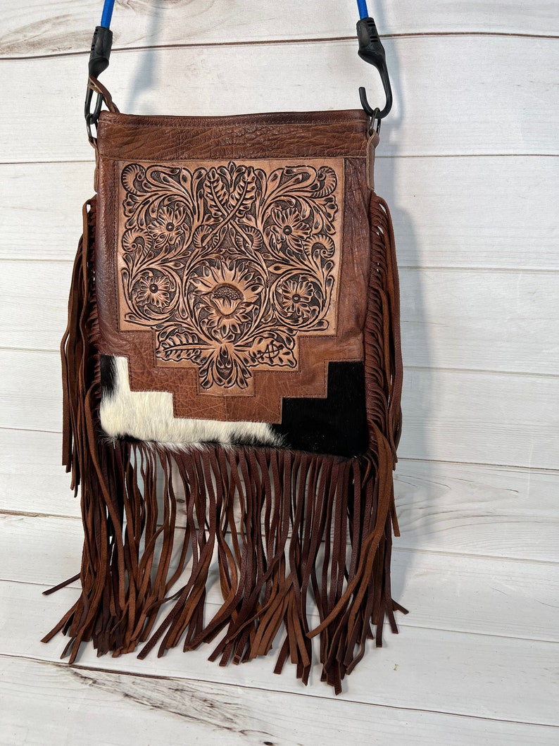Country Hide & Floral Tooled, Fringe Chocolate Leather Bag - Etsy