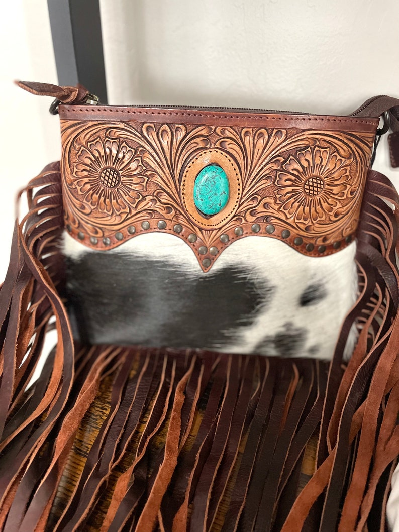 Leather Tooled Scallop Design on Hide and Fringe Bag - Etsy