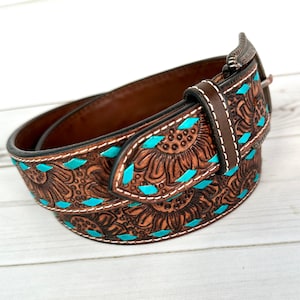 Dark Tooled Sunflower Turquoise Buckstitch Belt - Etsy