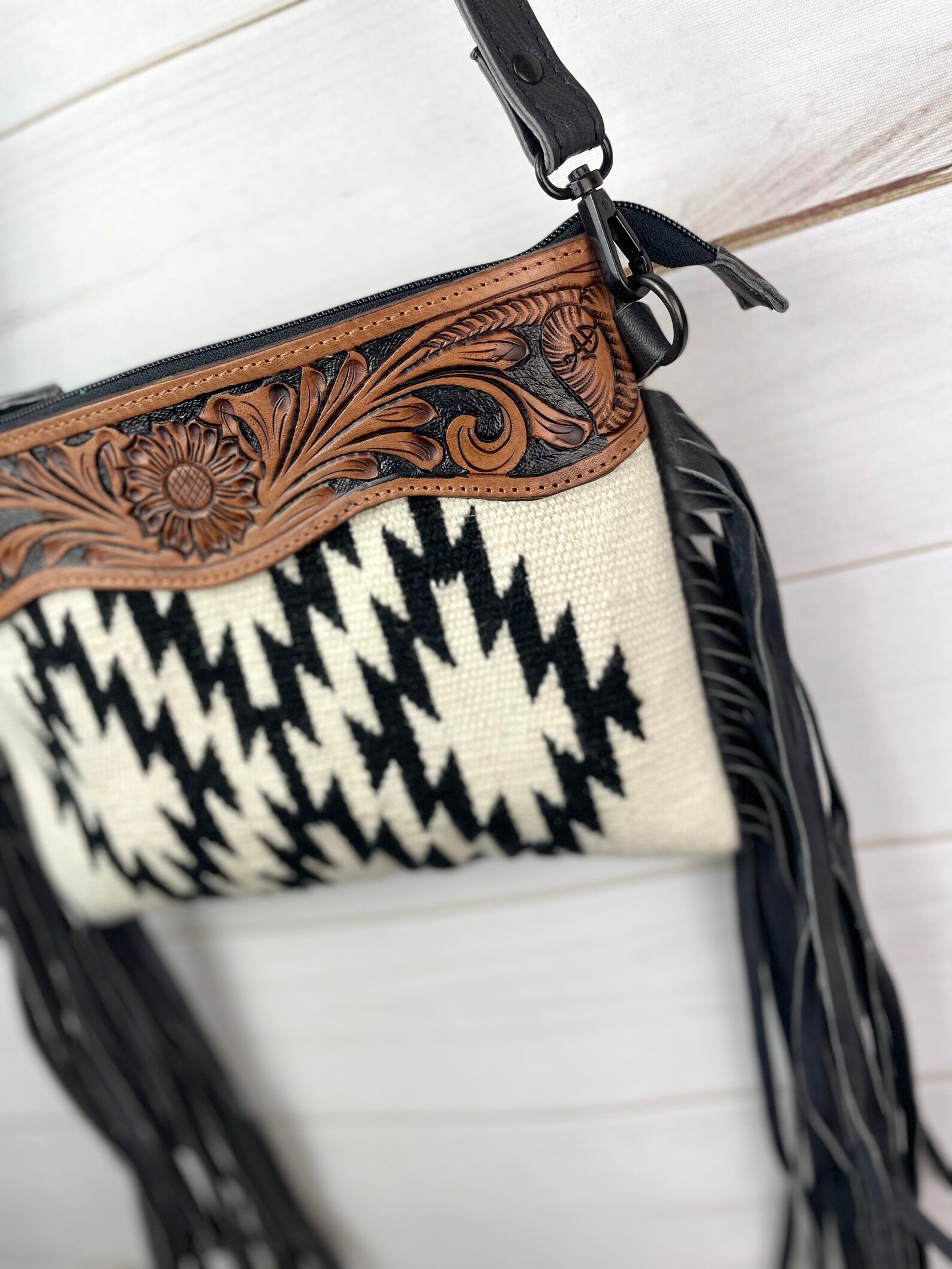 Black & Cream Wool Pattern With Leather Tooled Fringe Medium - Etsy