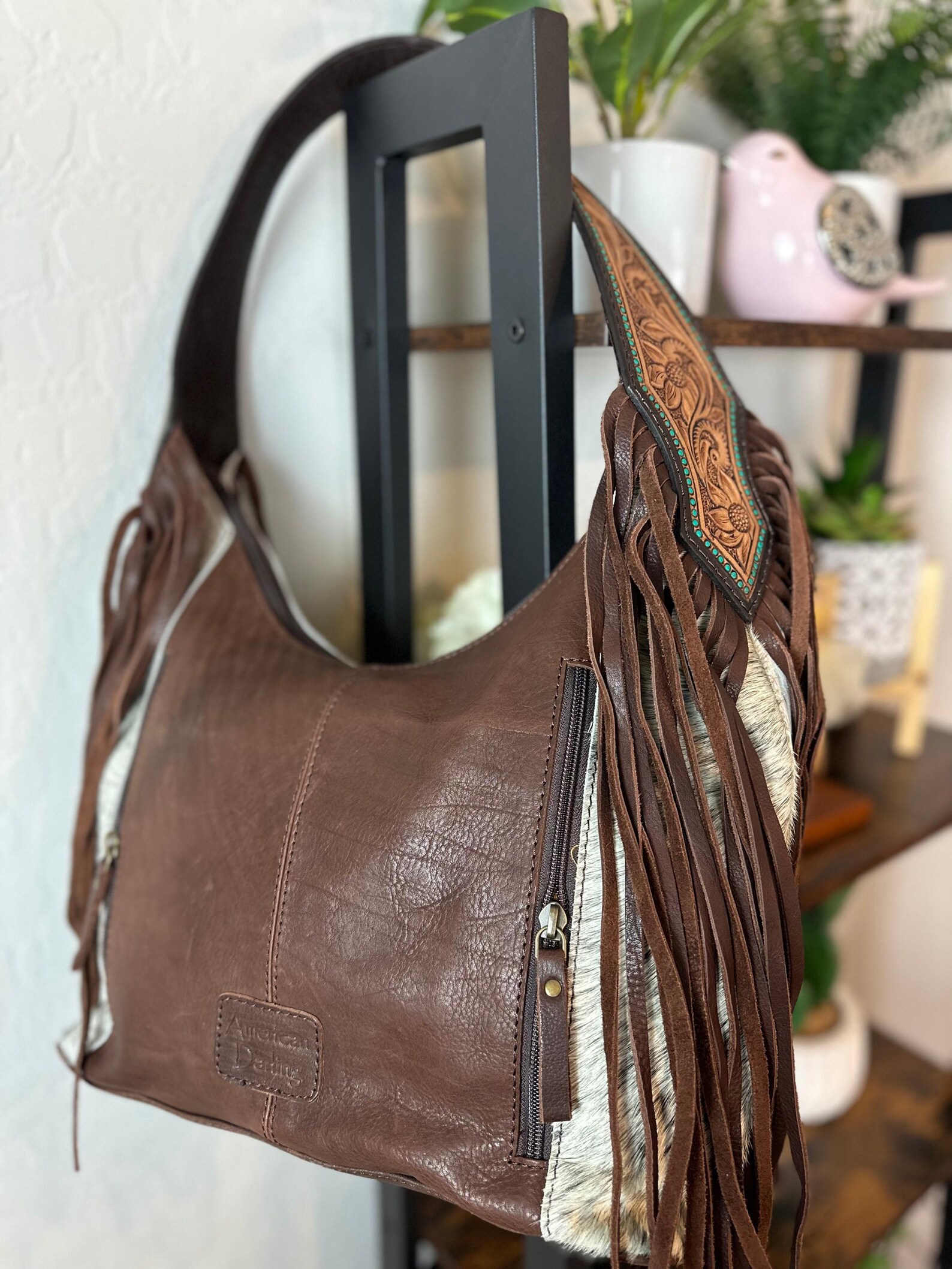 Teal Dotted Border Leather Tooled Cowhide Fringe Hobo Purse - Etsy