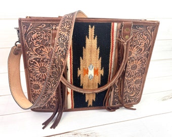 Black and Cream Aztec Pattern Wool Large Tote With Dark Leather Floral ...