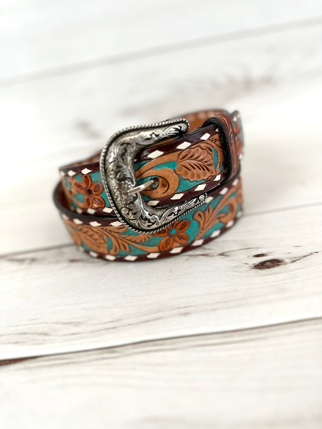 Teal Floral Tooled Leather Woman’s Belt - Etsy