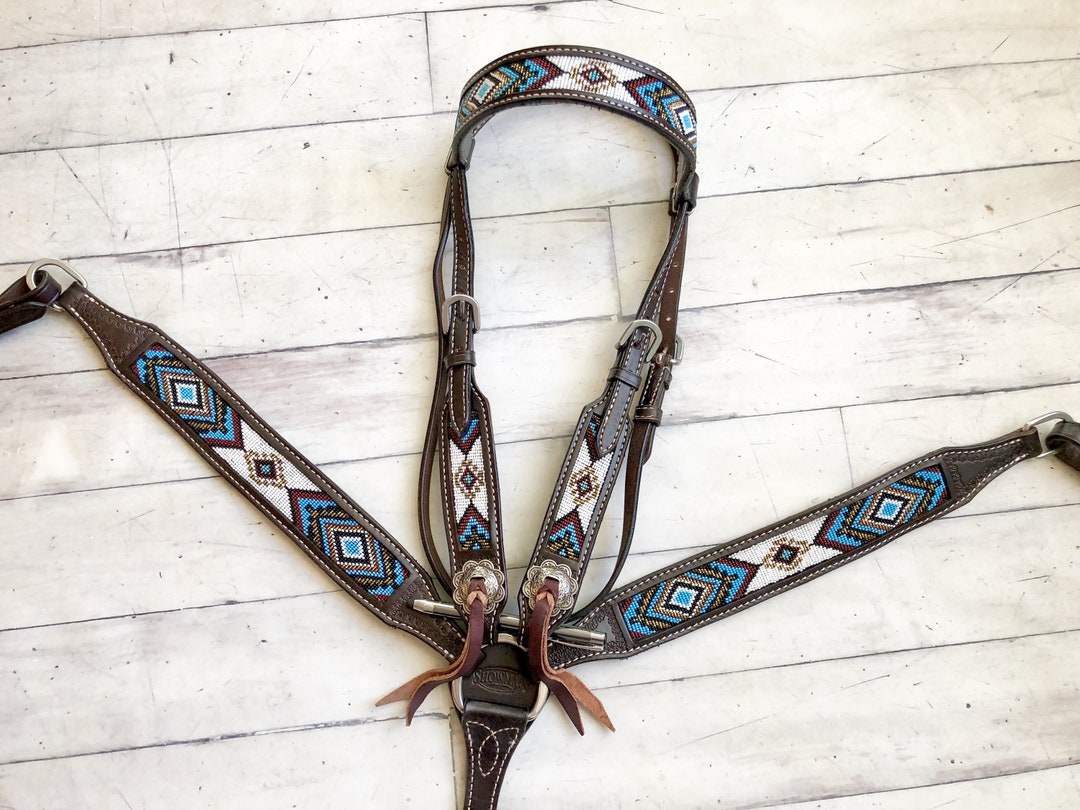 Blue, Gold and White Beaded Dark Leather Tack Set - Etsy