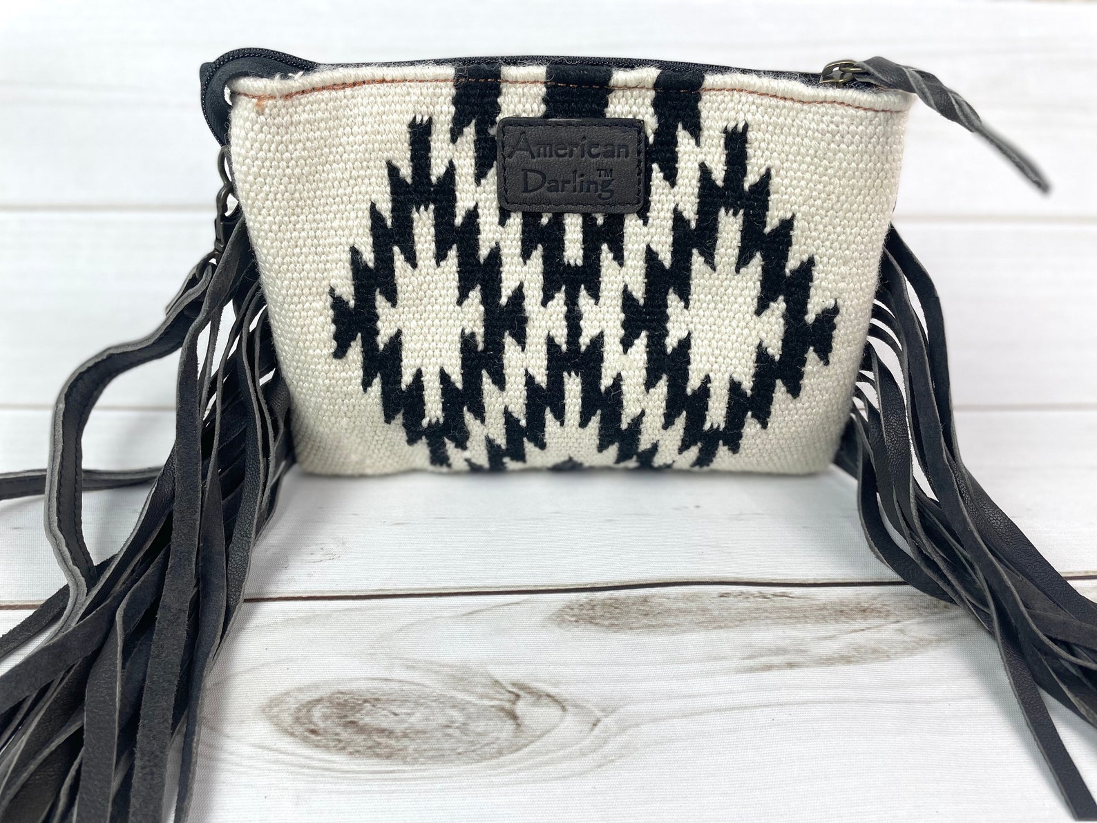 Black & Cream Wool Pattern With Leather Tooled Fringe Medium - Etsy