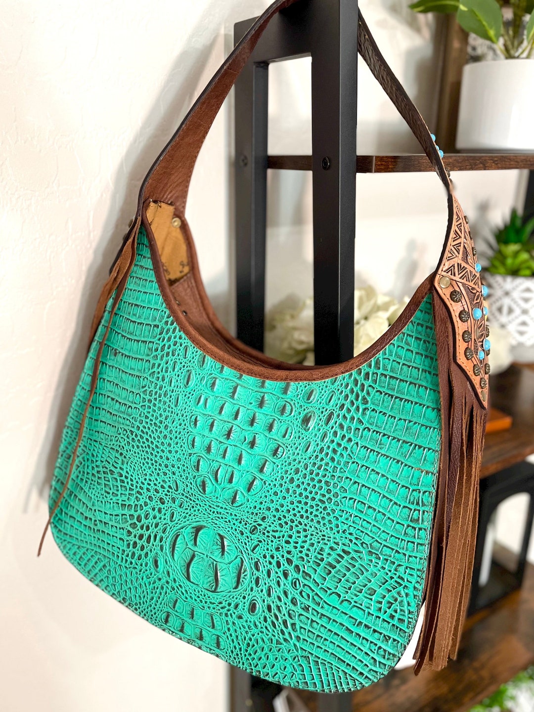 Turquoise and Brown Alligator Pattern Leather Hobo - Etsy