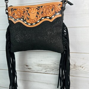 Black Canyon Suede Brocade Leather Tooled Buckstitch Fringe Purse - Etsy
