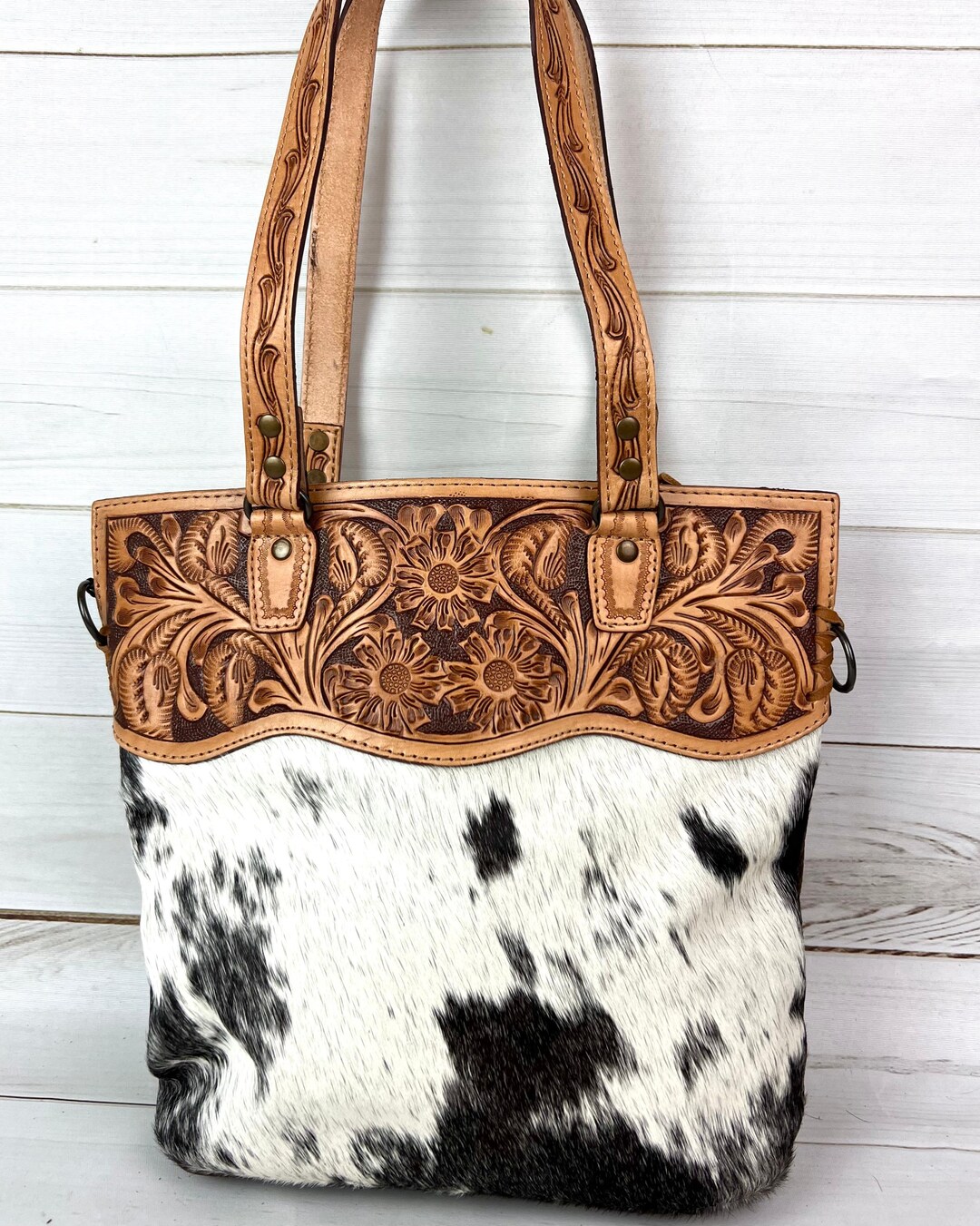 Western Leather Tooled and Cowhide Tote - Etsy